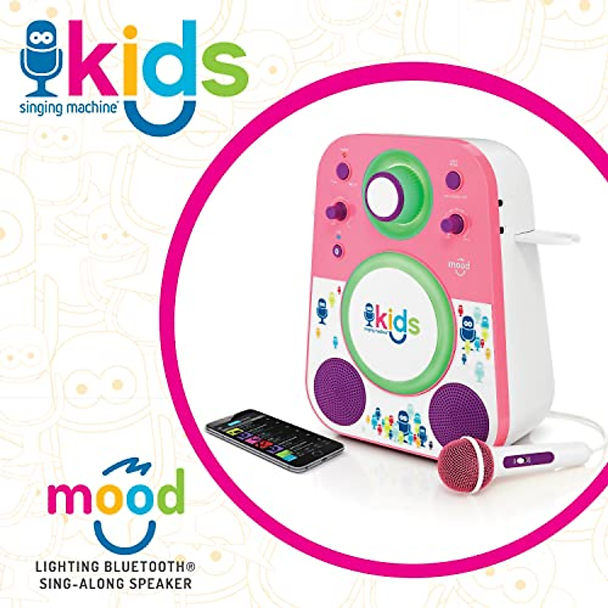 Singing Machine Kids SMK250PP Mood LED Glowing Bluetooth Sing-Along Speaker with Wired Youth Microphone Doubles as a Night Light, Pink/Purple