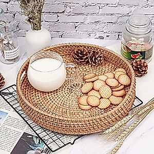 Rattan Round Serving Tray with Handles Large Hand Woven Wicker Basket Tray for Food,Dinner,Breakfast,Coffee Table,Ottoman (Set of 2)