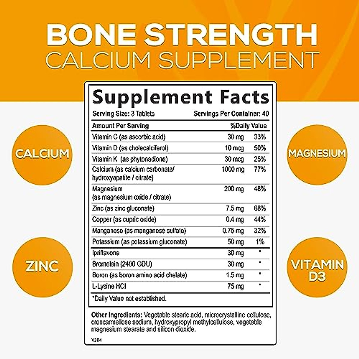 Bone Supplement with 1000 mg Calcium, Magnesium, Boron, Zinc, Vitamin D3 and K - Dietary Supplements for Bone Strength with Calcium Citrate and MCHA - Non-GMO, Gluten and Soy Free - 120 Capsules