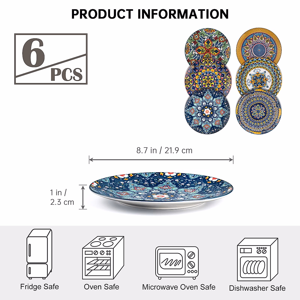 Dessert, Salad Plate Set 8.7 Inch, Colorful Ceramic Plates for Pasta, Appetizer, Snacks - Serving Dishes for Thanksgiving & Christmas, Dishwasher & Microwave Safe, Set of 6 - Bohemian Style