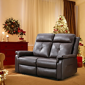 PALLOME Loveseat Recliner, PU Leather Reclining Sofa, 54'' Double Recliner Loveseat with Heat and Massage, RV Theater Seating, Manual Recliner Chair for Living Room (Brown)