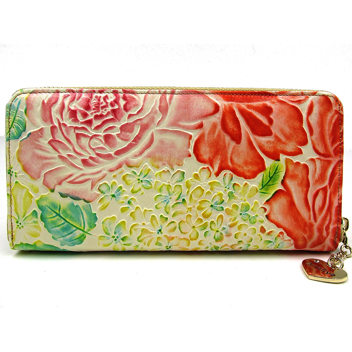 ArtsEye Peony Collection Embossed Genuine Leather Zip Purse (Orange)