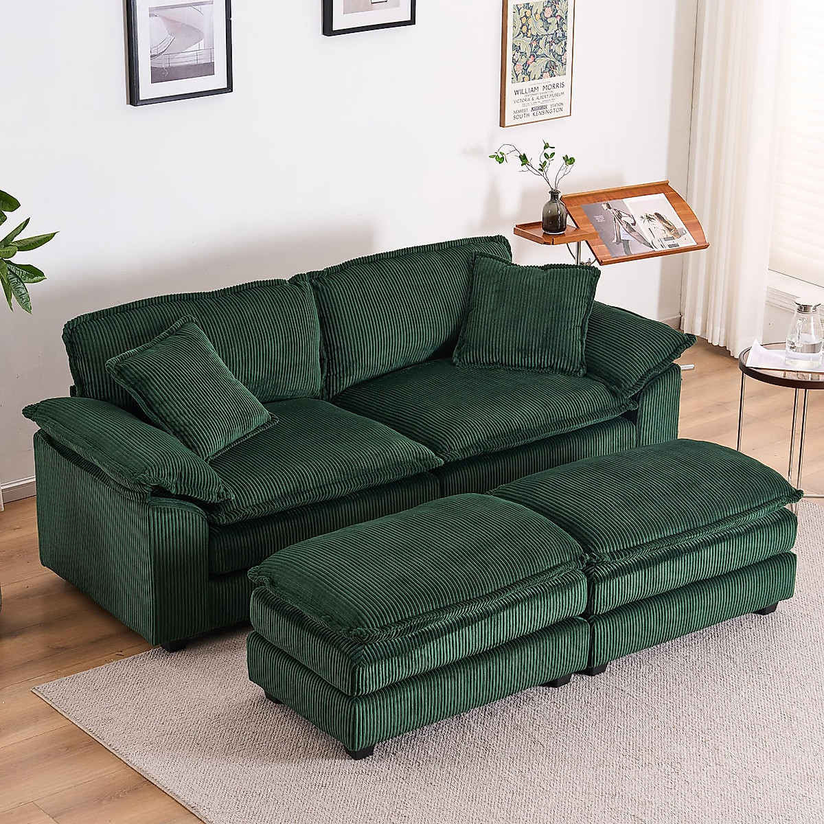 ONEMMLION 84.6" Modular Sectional Sofa Oversized Loveseat, Modern Upholstered Cloud Couch with 2 Ottoman, Comfy Corduroy Deep Seat Sleeper Sofa for Living Room, Small Space, Green
