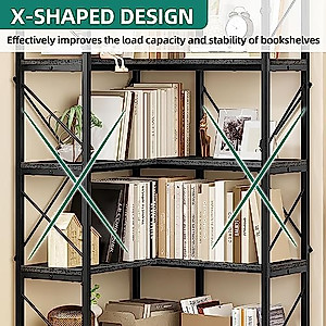 YITAHOME Corner Bookshelf, Industrial Corner Shelf 5 Tier Bookcase, Large Display Rack Storage for Bedroom, Living Room, Home Office,Charcoal Gray + Black