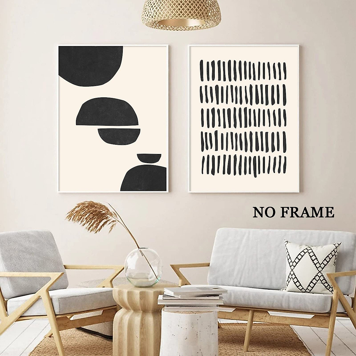 Black and White Abstract Wall Art Boho Line Abstract Drawings Poster Black Stroke Painting Beige Black Abstract Shapes Canvas Modern Geometric Pictures Abstract Line Artwork Print 16x24inchx3 No Frame