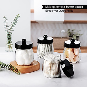 Farmhouse Decor Apothecary Jar Set,Mason Jar Bathroom Vanity Storage Organizer Canister - Qtip Holder Plastic Acrylic Jar for Cotton Swabs,Cotton Pads,Floss Picks,Paper Clips,Hair Clips(4 Pack,Black)