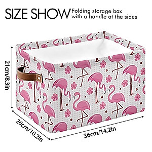 Kigai Flamingo Storage Basket Collapsible Rectangle Storage Bin Shelves Basket Organizer with Leather Handle for Closet, Office, Nursery, Home Decor