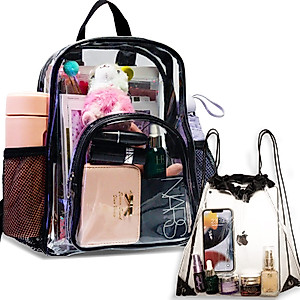 Forzater Small Clear Backpack Stadium Approved, Transparent Clear Mini Backpack with Clear Drawstring Backpack for Sports Events and Beach Travel and Security Check