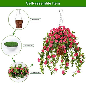 Hanging Basket with Artificial Vine Fake Silk Flowers Plants for Outdoor Indoor, Coconut Lining Basket for Patio Lawn Garden Porch Home Spring Decor (Red)