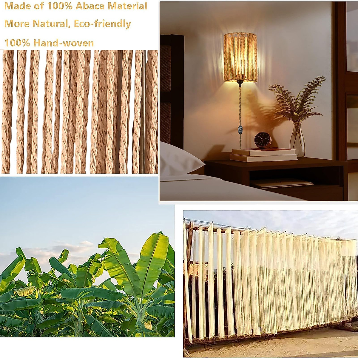 Rattan Plug in Wall Sconce Farmhouse Decor Set of Two,Boho Wall Lamp with Plug in Cord Set of 2,Dimmable Switch Wall Lights Fixture,Indoor Rustic Wall Mount Light Bedside for Bedroom Living Room Kids