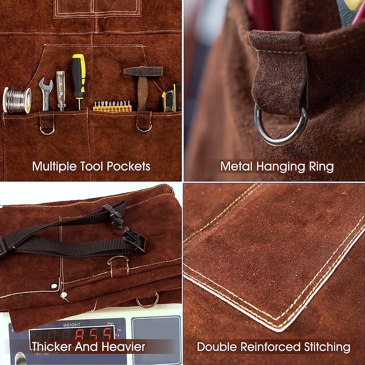 YESWELDER Leather Welding Work Shop Apron with 6 Pockets Heat Flame Resistant Cowhide Welder Apron Heavy Duty Blacksmith Aprons Adjustable for Welders Men Women Length 41"