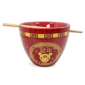 Boom Trendz Year Of The Rat Chinese Zodiac Ceramic Dinnerware Set | Includes 16-Ounce Ramen Noodle Bowl and Wooden Chopsticks Asian Food Dish For Home & Kitchen Kawaii Lunar New Gifts Red One Size