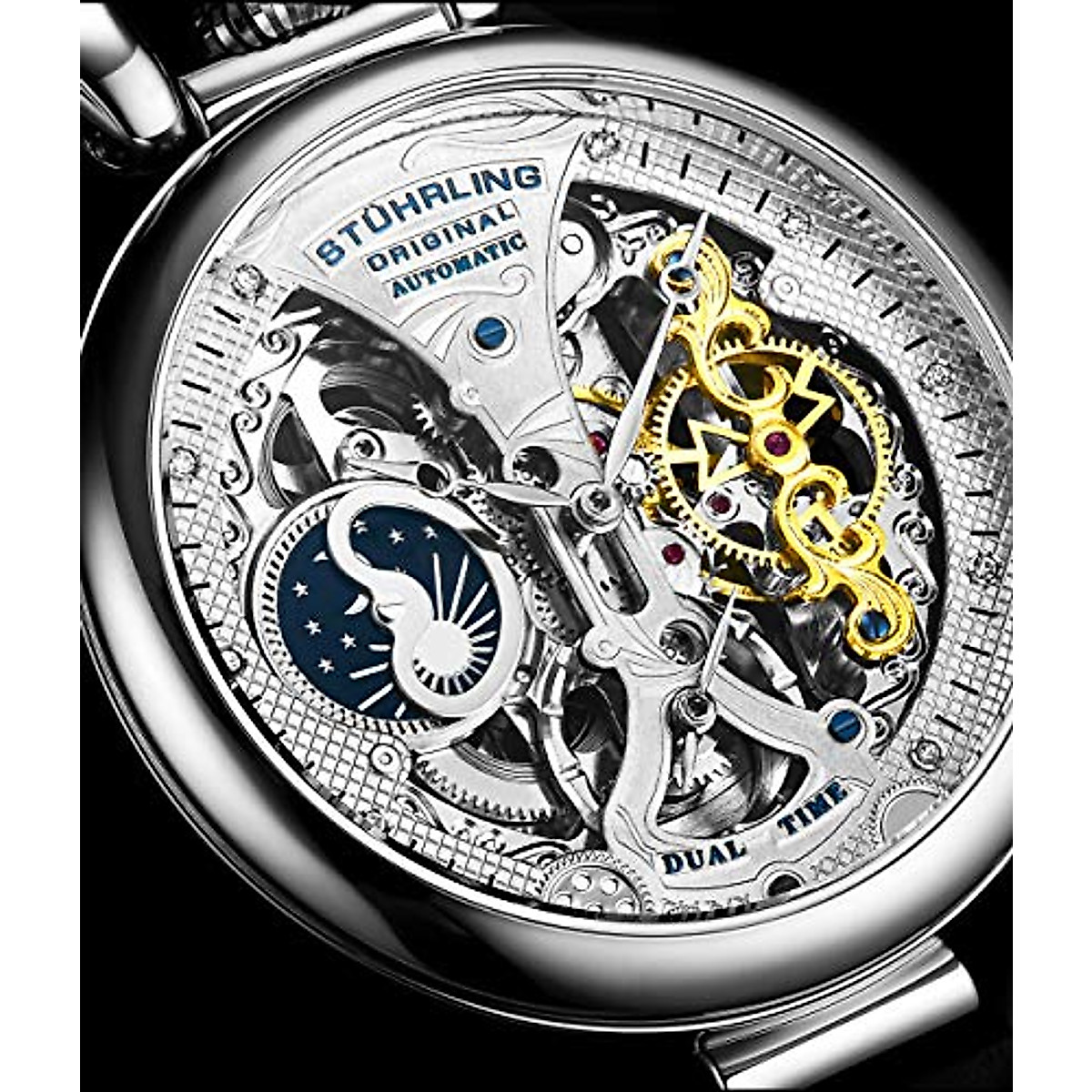 Stührling Original Mens Skeleton Watch Dial Automatic Watch with Calfskin Leather Band and - Dual Time, AM/PM Sun Moon
