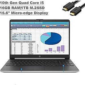 HP Latest Newest 15 15.6" HD Micro-Edge Business Laptop(10th Gen Intel Core i5-1035G1, 16GB DDR4 RAM, 1TB SSD) USB Type-C, HDMI, HD Webcam, Windows 10 Home + IST HDMI Cable