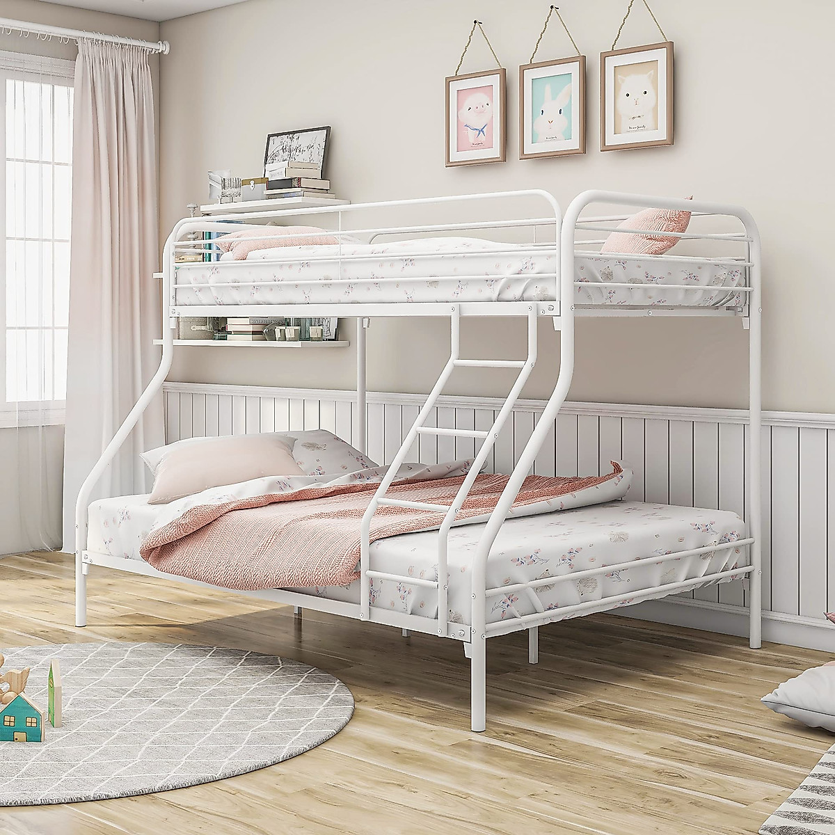 Miscoos Heavy Duty Twin-Over-Full Metal Bunk Bed, Easy Assembly, Enhanced Guardrail, Powder Coated, White, 77.95" L x 56.3" W x 58.66" H