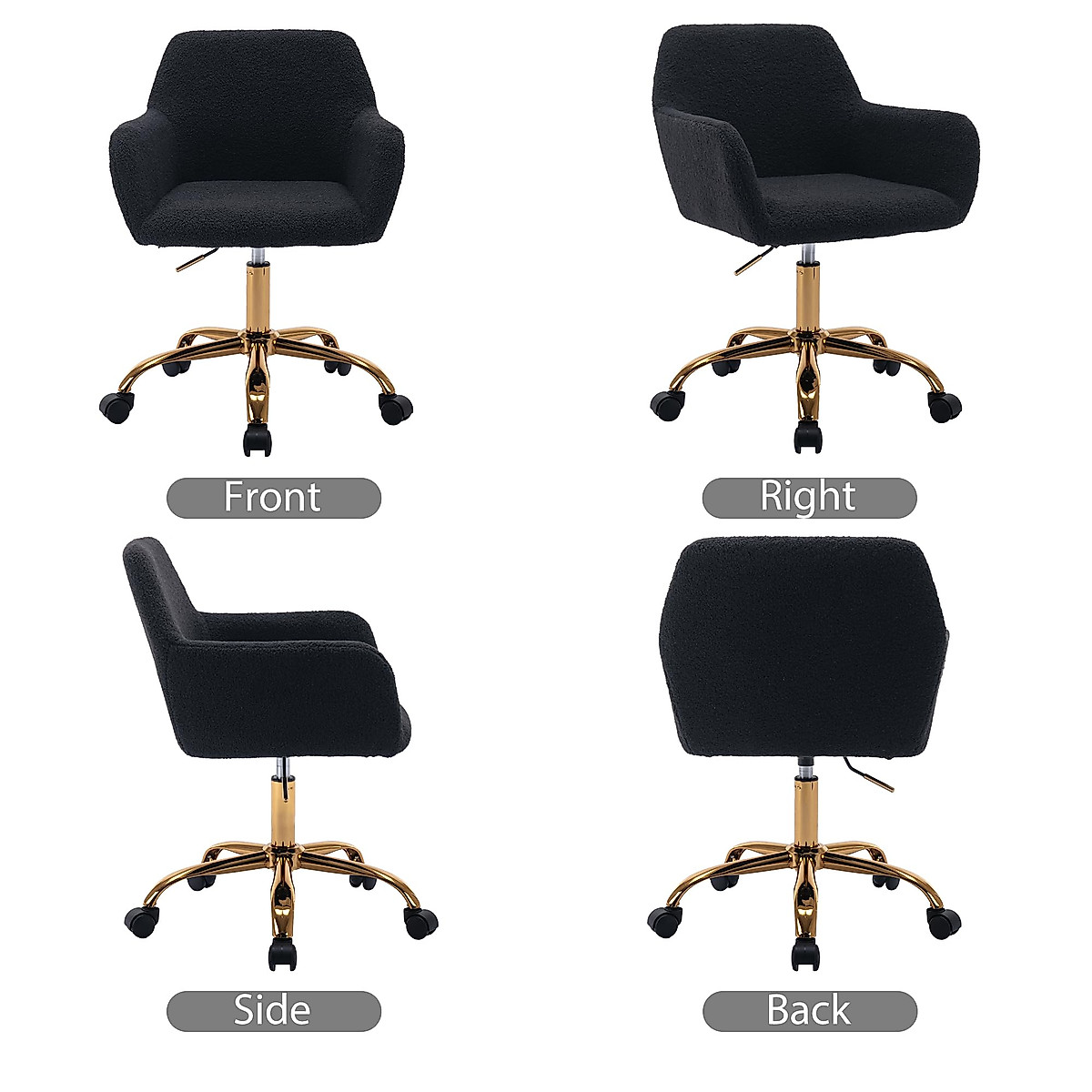 KCC Faux Fur Office Desk Chair, Comfy Swivel Armchair with Wheels, Upholstered Fuzzy Vanity Chair, Adjustable Seat Height, Black