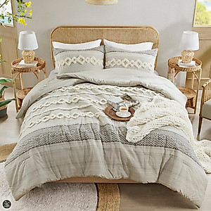 Hyde Lane Boho Gray Comforter Set King, Farmhouse Bedding Sets, Cotton Top with Modern Neutral Style Clipped Jacquard Stripes, 3-Pieces Including Matching Pillow Shams (104x90 Inches)