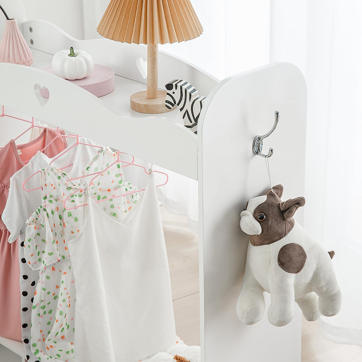 RELIANCER Kids Armoire Dress-Up Closet w/Mirror,Open Hanging Wardrobe w/Clothes Rack,Toddlers Pretend Play Costume Storage Dresser,Children Costume Organizer Center for Nursery Girl Bedroom Playroom