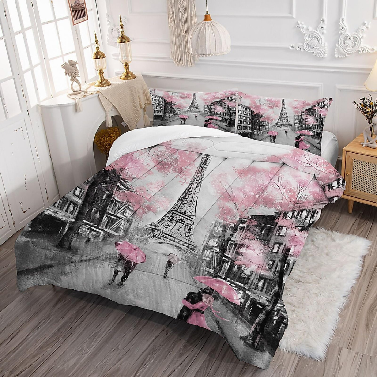 kxry Pink Paris Eiffel Tower Comforter Set Full Size French Style Couple Lover Flower Bedding Sets for Girls Women Kids Quilted Duvet 1 Comforter + 2 Pillow Cases