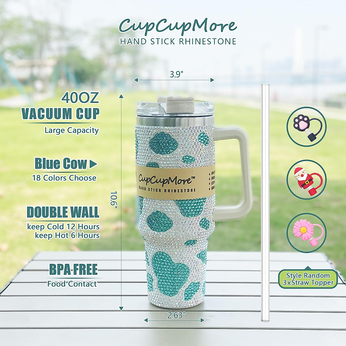 Cupcupmore 40oz Blue Cow Bling Rhinestone Stainless Steel Sippy Tumbler Glitter Vacuum Insulated Water Bottle with Straw & Lid & Handle,Thermos for Hot & Cold Drinks,Car Cup Holder