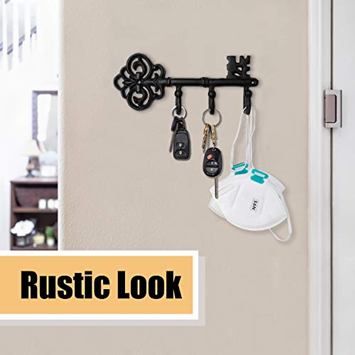 IRISVITA Key Holder for Wall Decorative, Antique Black Cast Iron Wall Key Holder, Rustic Key Hooks for Wall with 3 Hooks, 8.75 x 3.5 Inches with Gitable Packaging, Matching Screws and Anchors included
