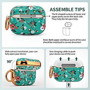 Airpods Pro Case Cover for Women, Premium Floral Print Protective Hard Case Cover for Airpods Pro Case 2019 with Keychain and Bonus Magnetic Anti-Lost Straps, Gift Idea for Women Girls (Green Floral)