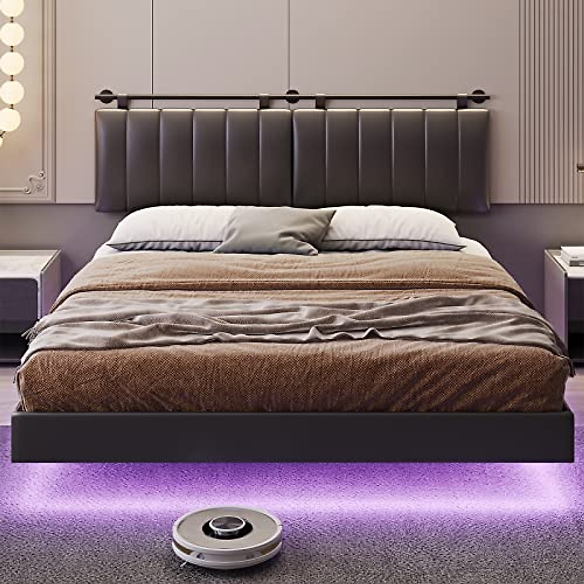 DICTAC King Floating Bed Frame with LED Lights and Wall Mounted Headboard Modern Upholstered Platform Low Profile LED Bed Frame King Size, No Box Spring Needed, Noise Free, Easy Assembly,Black