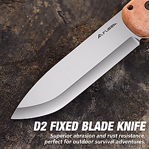 FLISSA 9" Fixed Blade Knife, D2 Steel Hunting Knife for Camping, Outdoor, Bushcraft and Survival, Wood Handle, Leather Sheath Included, Gifts for Husband, Father, Friend