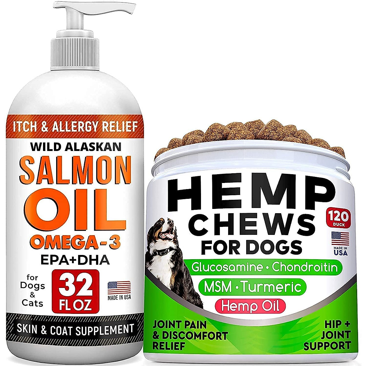 Salmon Oil Omega 3 for Dogs + All-Natural Hemp Chews and Glucosamine for Dogs - Advanced Hip & Joint Supplement + 32oz Fish Oil - Allergy Relief - Itch Relief, Shedding - Skin and Coat Supplement