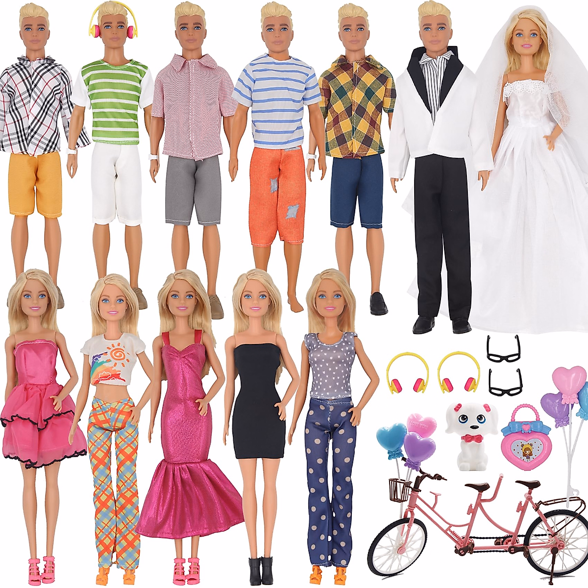 EuTengHao 30Pcs Doll Clothes and Accessories for 12 inch Boy and Girl Doll Includes 12 Set Wear Clothes Jeans and Wedding Dresses Tandem Bike Glasses Dog Bag and Colorful Balloons for 12 Inch Dolls