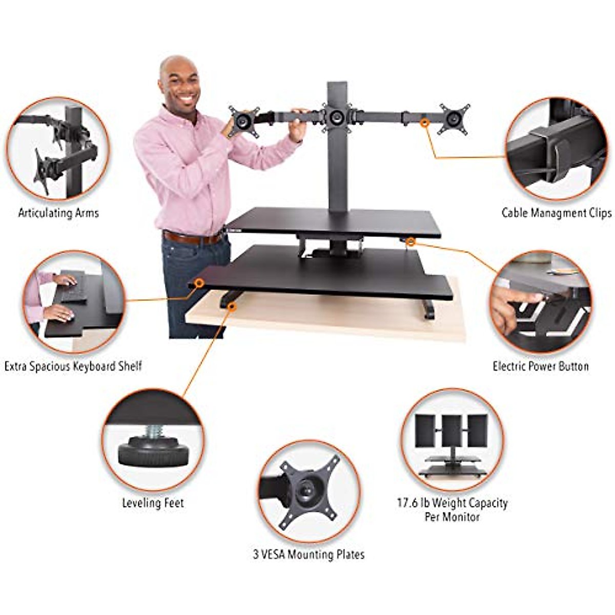 Stand Steady Techtonic Electric Standing Desk Converter wIth Triple Monitor Mount, 3 Screen Support, Quiet Sit-Stand Desk with Button Control, Keyboard Tray, Ideal for Gaming & Computer Work (Black)