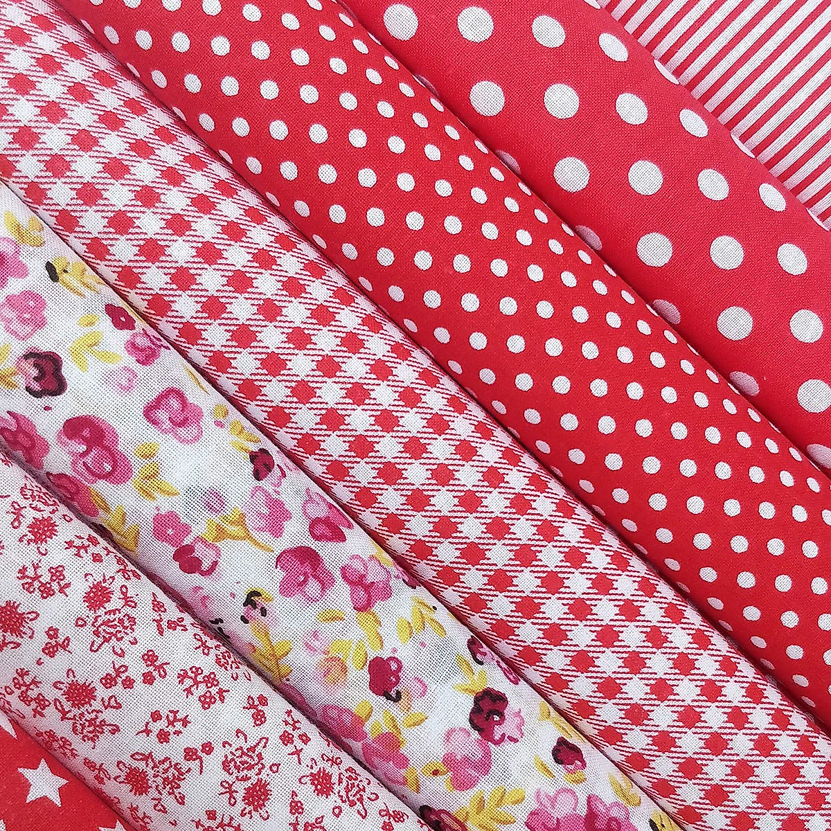 7 PC 19.7” x 19.7” Quarters Fabric Bundles Cotton Quilting Fabric Quilting Sewing Fabric Pre-Cut Quilting Cotton Crafts Textile Square Fabric Assortment with Different Patterns for DIY Sewing (red)