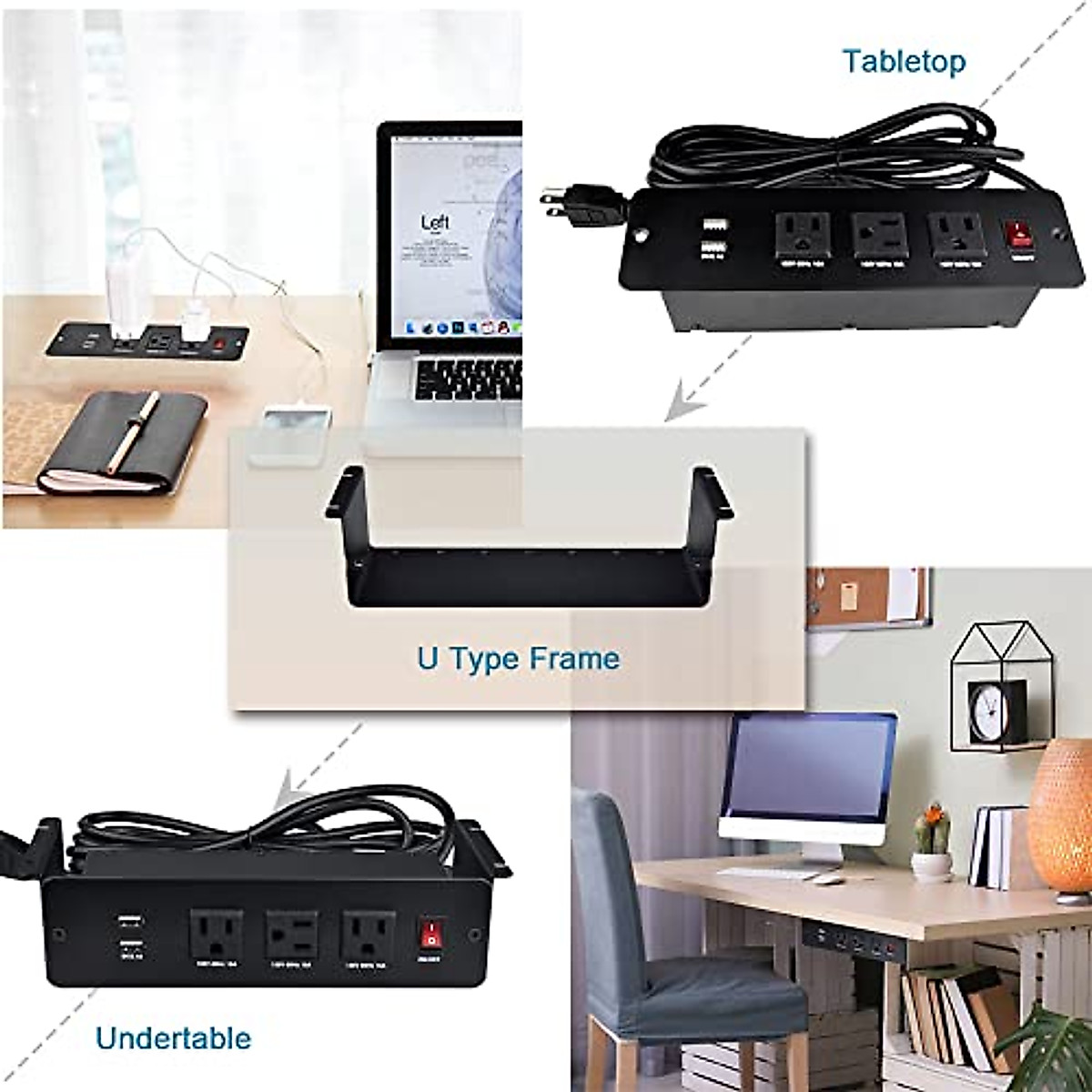 Under Desk Power Strip 3 AC Outlets & 2 USB Ports Desk Mountable Power Strip with 9.85ft Power Cord for Home Office Standing Desk
