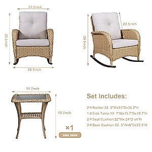 HUMMUH Patio Wicker Rocking Chairs Set of 2 Rattan Outdoor Rocking Chairs for Front Porch Garden Backyard Lawn Balcony Weather Rocker Chair with Side Table