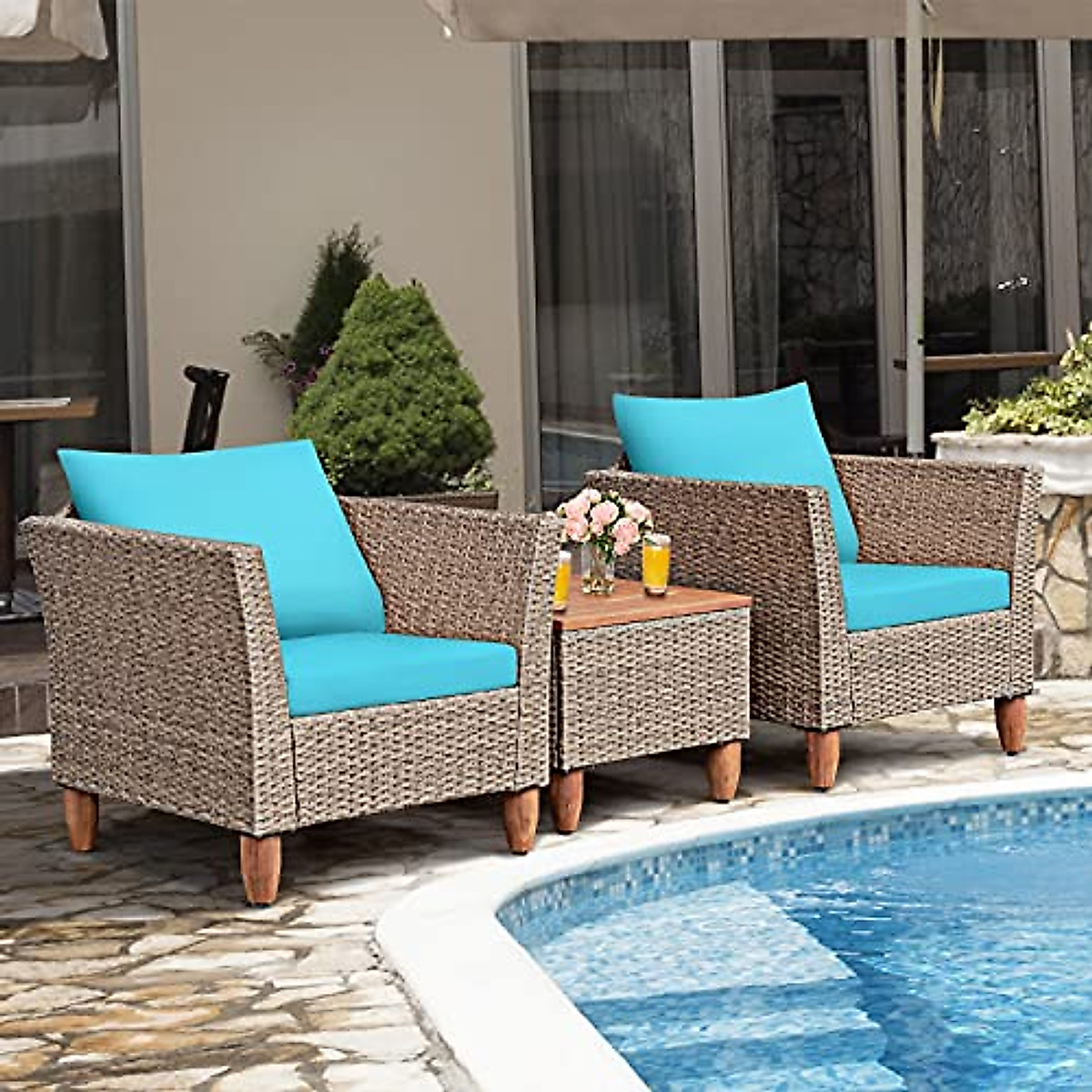 Tangkula 3 Piece Patio Furniture Set, Outdoor Wicker Rattan Bistro Sofa Set w/Washable Cushion, Acacia Wood Top Coffee Table, Conversation Set w/Adjustable Feet for Balcony Backyard Porch (Turquoise)