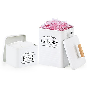 Candco 2 Pcs Farmhouse Laundry Pods Container with Dryer Sheet Holder, Metal Laundry Room Organization and Storage with Scoop, Laundry Detergent Container Laundry Room Decor