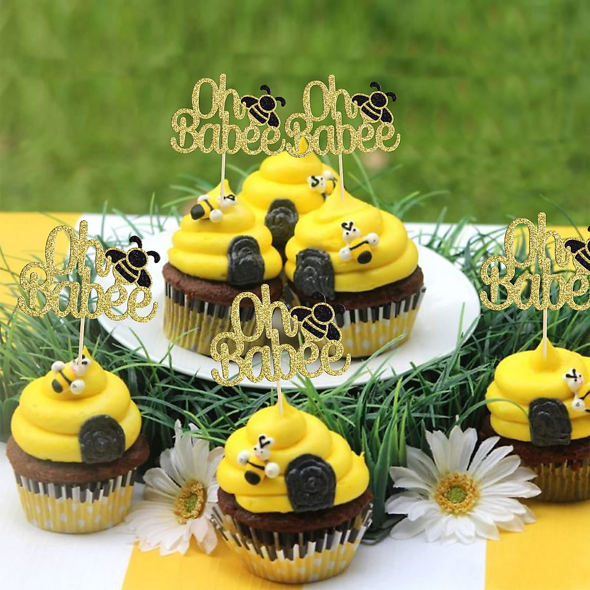 Gyufise 24Pcs Bumble Bee Cupcake Toppers Oh Babee Cupcake Picks Gold Glitter Oh Baby Cupcake Picks for Baby Shower Birthday Party Decorations Supplies