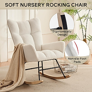 Sudwesto Modern Nursery Rocking Chair, Upholstered Glider Chair with High Backrest, Rocker Accent Armchair with Solid Wood Legs for Nursery Bedroom Living Room (Cold White Teddy)