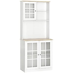 HOMCOM Kitchen Buffet with Hutch, Storage Pantry with 3 Cabinets, 2 Open Shelves and Large Countertop, White