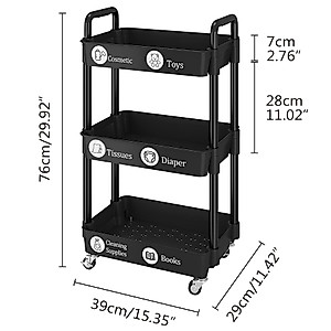 UDEAR 3-Tier Rolling Utility Cart with 12 Category Labels,Multifunctional Comagtable Rolling Shelving with Handle and Lockable Wheels for Room,Office,Kitchen,Bathroom,Black