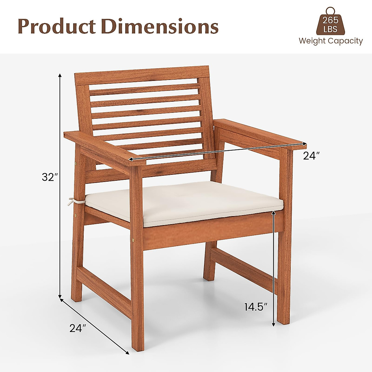 Tangkula Outdoor Dining Chairs Set of 4, Weather-Resistant Heavy Duty Slatted Wood Patio Chairs with Soft Padded Cushions, for Deck, Garden, Poolside, Balcony (4, Off White)