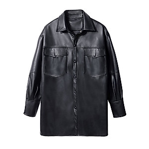 RISISSIDA Women Faux Leather Shacket Jacket,Vegan Pleather Long Sleeve Shirts Black 21001 XX-L