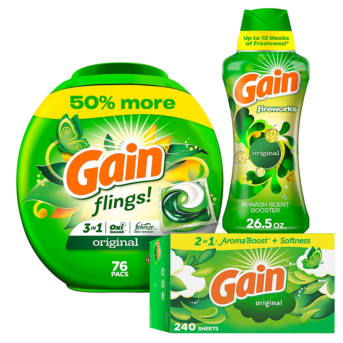 Gain flings Laundry Detergent Soap Pacs, Original Scent, 76 Count + Gain Fireworks Laundry Scent Booster Beads, Original, 26.5 oz + Gain Dryer Sheets Laundry Fabric Softener, Original Scent, 240 Count