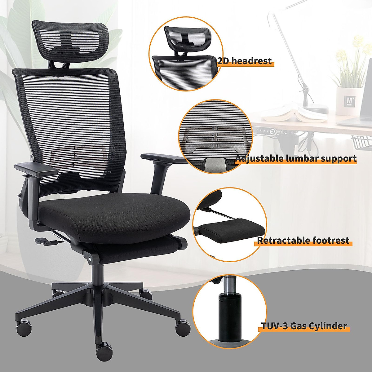 Foldable Ergonomic Office Chair with Footrest, High Back Computer Chair with 2D Headrest, Mesh Back, Sponge Seat, Adjustable Lumbar Support, 2D Armrest, Home Office Desk Chair, Black