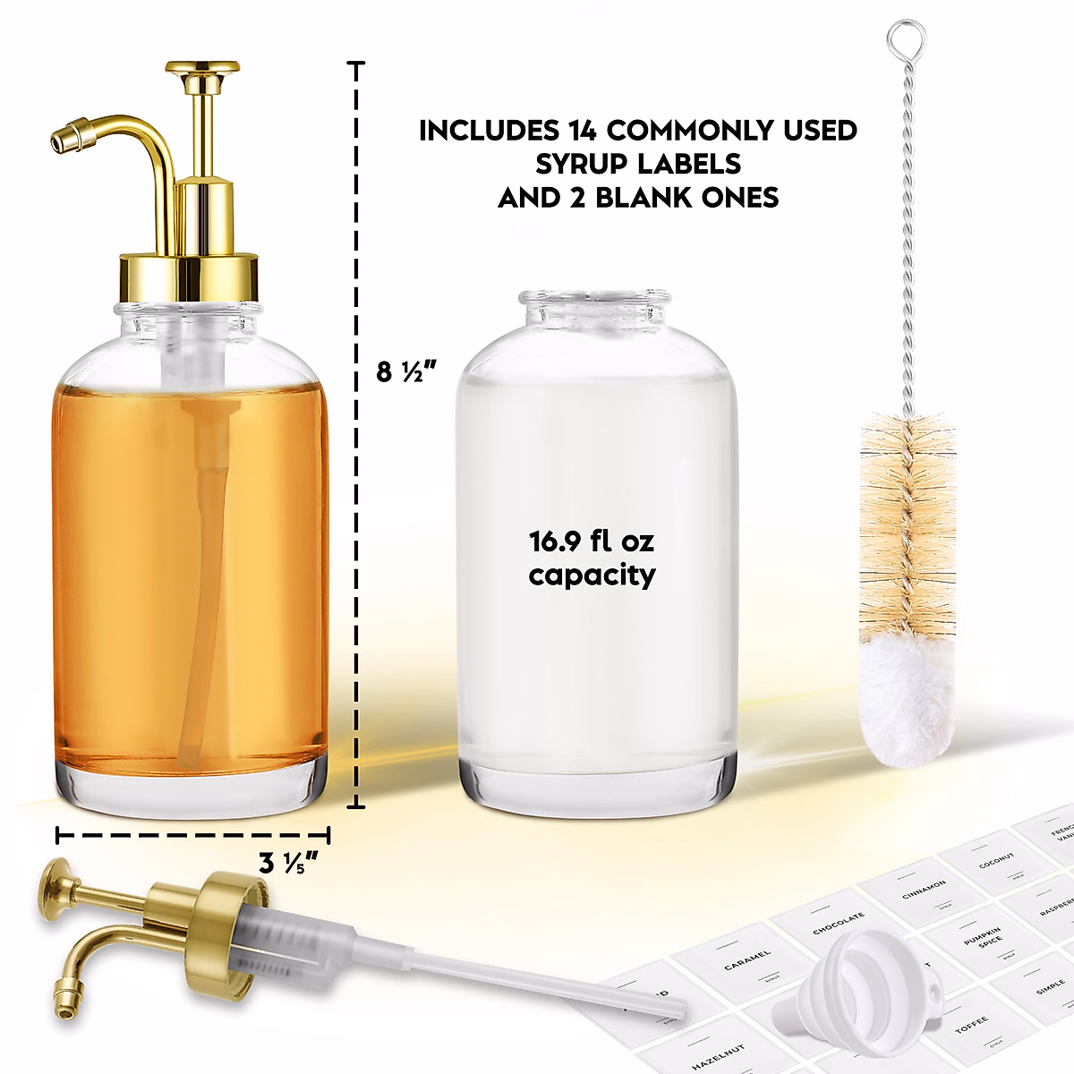 Spaceneat Coffee Syrup Dispenser for Coffee Bar - Coffee Syrup Pump Dispenser - Coffee Syrup Bottles for Coffee Bar Accessories with Coffee Syrup Labels - Glass Syrup Dispenser Bottle - Gold, 2-Pack