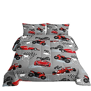 Axolotl Kid Comforter Set Twin Size,Racing Car Bedding Set for Boys Girls Teen Kids Children Car Racing Gifts,Race Cars Quilt Bed Set with 1 Comforter 2 Pillowcases,Red Grey