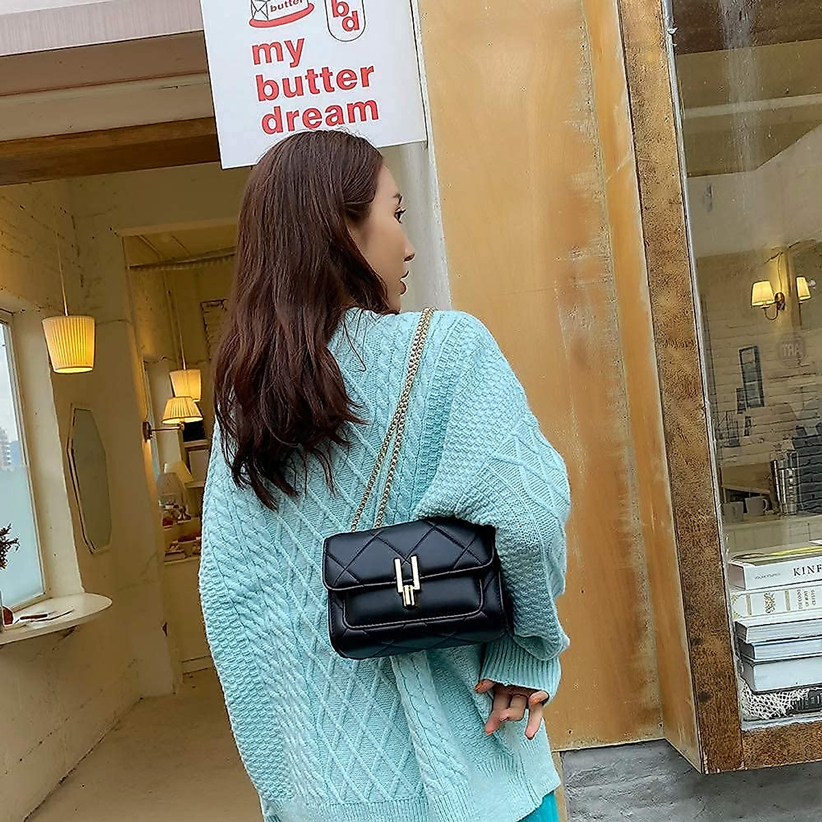 Nother Crossbody Bags for Women Quilted Shoulder Purses and Handbags Lattice Texture with Chain Strap (Black)