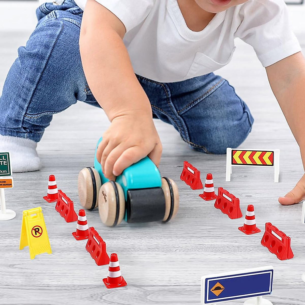 NUOBESTY Mini Traffic Signs Set, Plastic Street Signs Playset Traffic Cones Yellow Warning Sign Garbage Can Toy Safety Education Toy for Kids 25pcs