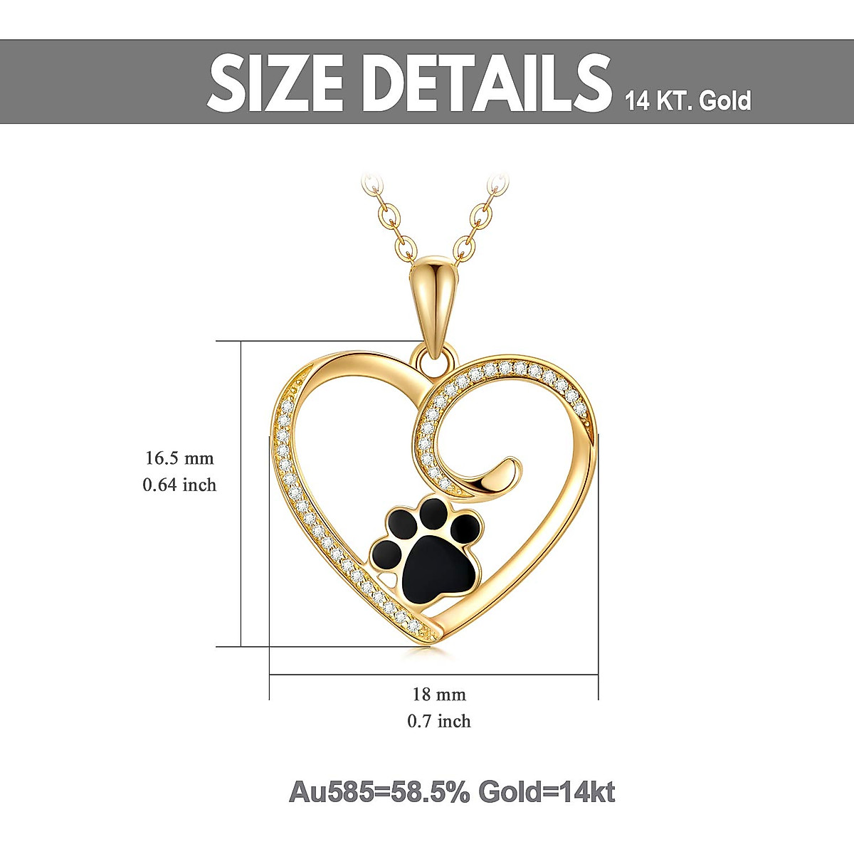 SISGEM 14k Yellow Gold Heart Pendant Necklace for Women, Real Gold Dog Cat Paw Print Jewelry Gifts for Her, 16+1+1 Inch