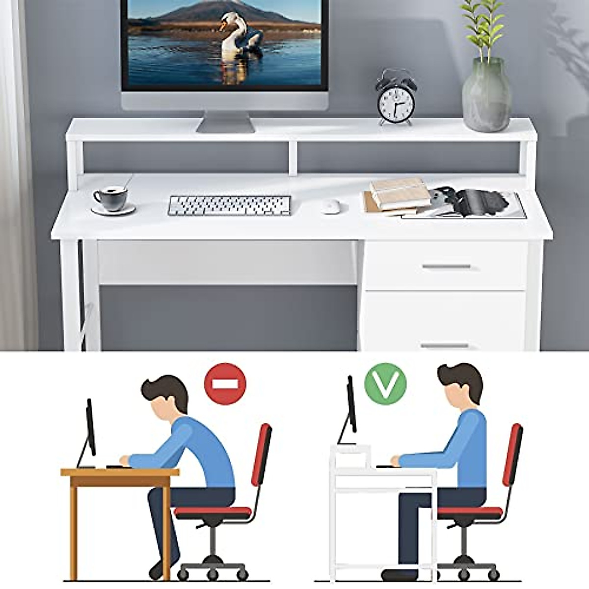 Tribesigns 47 Inches Computer Desk with 2 Drawers, Modern Writing Desk with Hutch, White Simple Study Desk, Space Saving Gaming Table, Large Workstation for Home Office